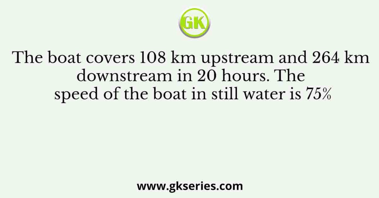 The boat covers 108 km upstream and 264 km downstream in 20 hours. The ...